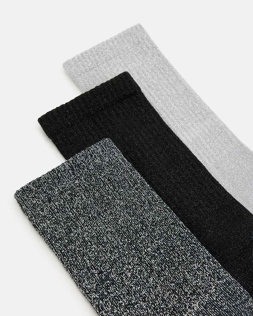 Metallic Ribbed Socks 3 Pack BLACK/SILVER/GREY | ALLSAINTS US
